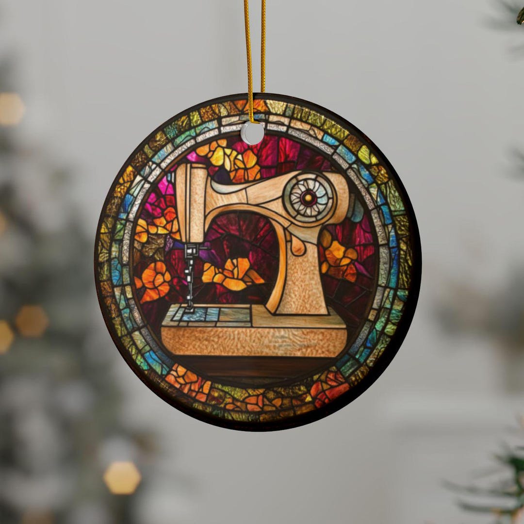 Stained Glass Printed Sewing Machine Ornament: 2-sided Ceramic ...