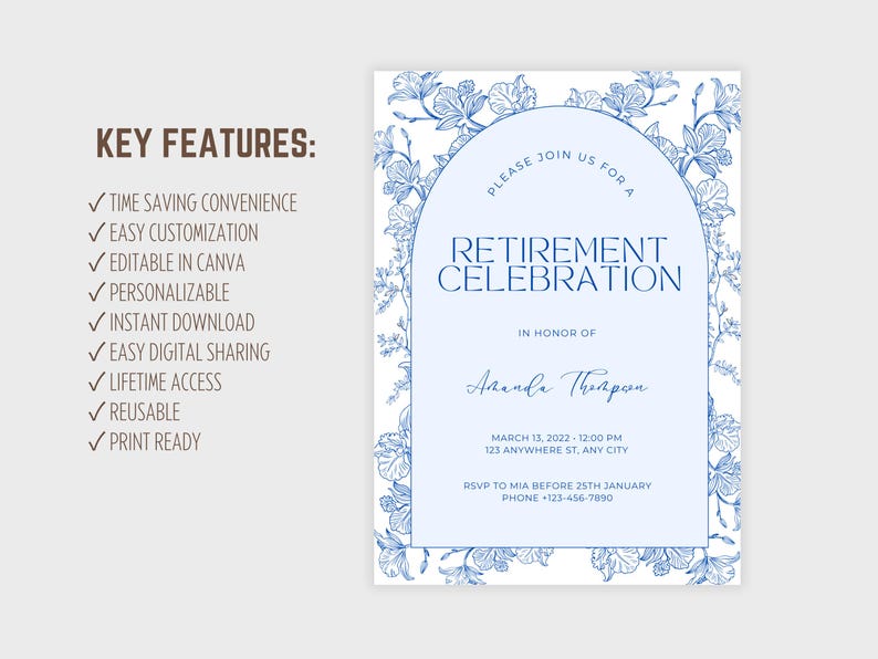 Editable Retirement Party Invitation Template – Blue Floral Theme ...