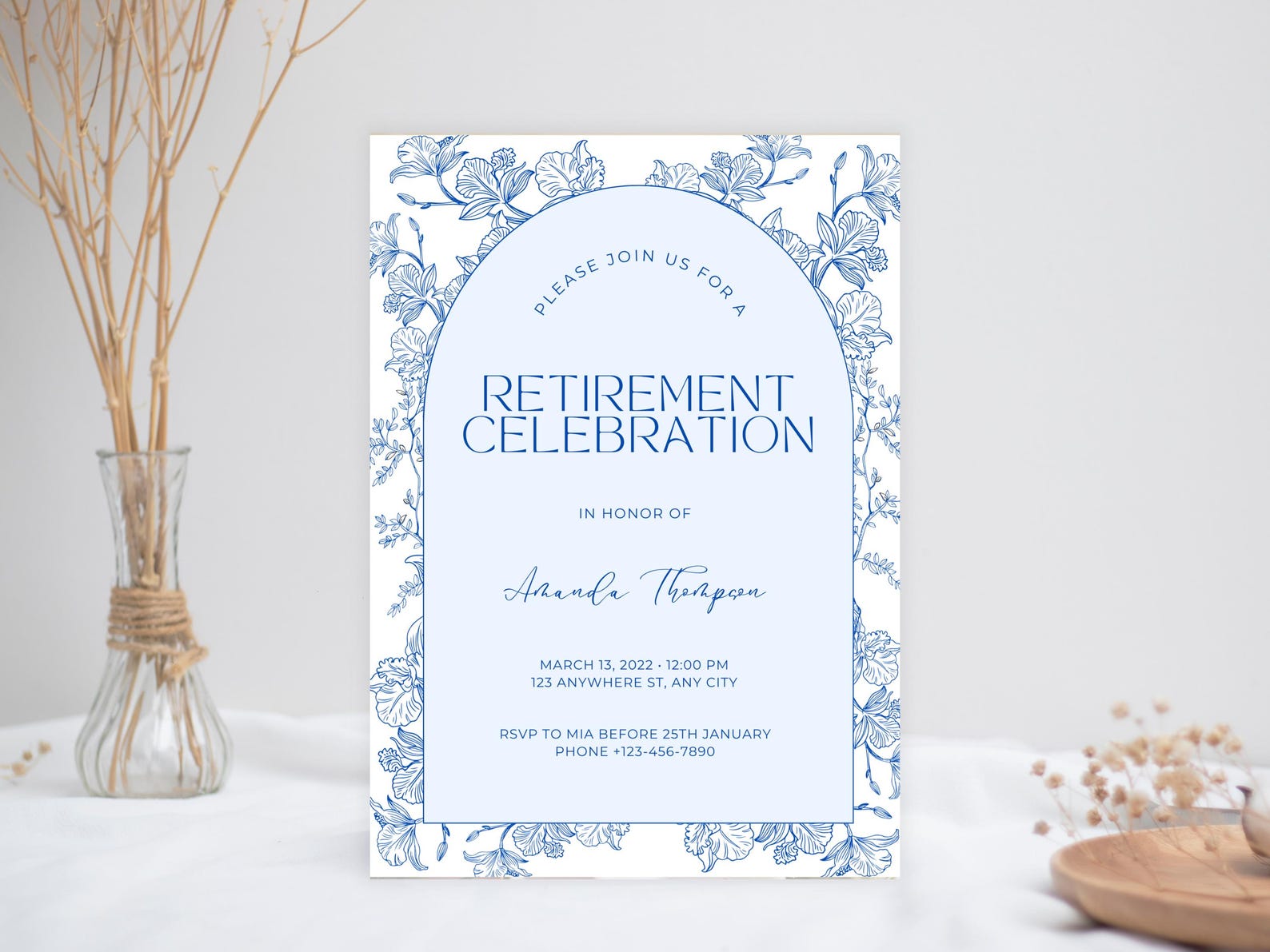 Editable Retirement Party Invitation Template – Blue Floral Theme ...