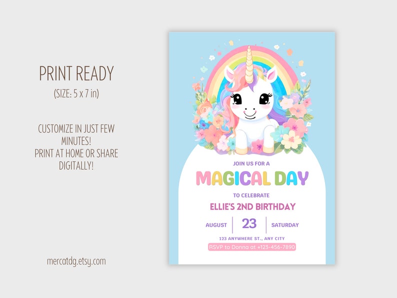 Editable Unicorn Birthday Party Invitation Template, Magical Rainbow ...