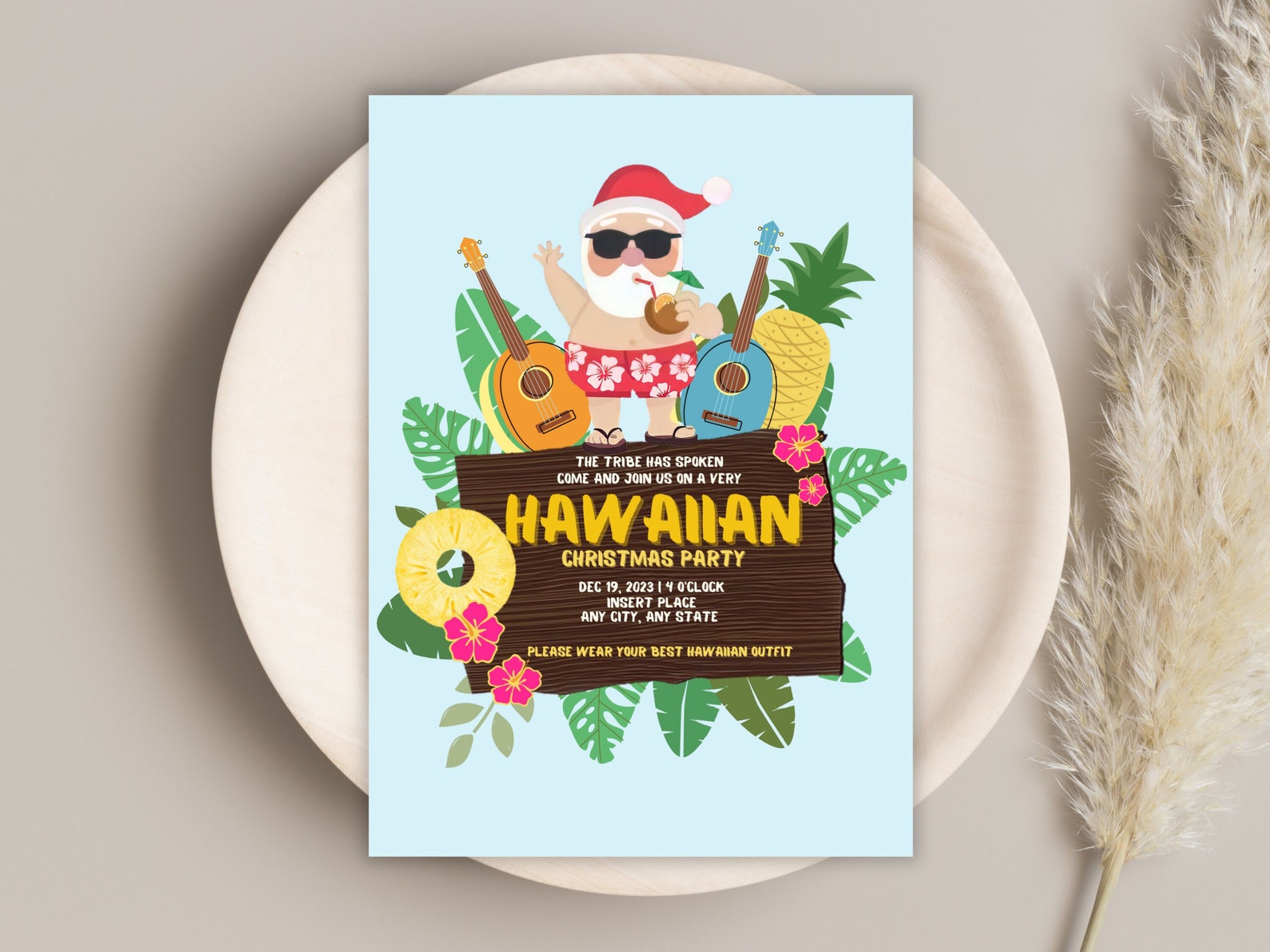 Editable Hawaiian Luau Christmas Invitation Template | Tropical Santa ...
