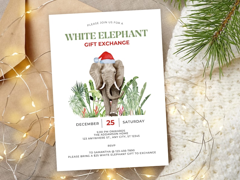White Elephant Party Invitation Template, Christmas Gifts Swap Games ...
