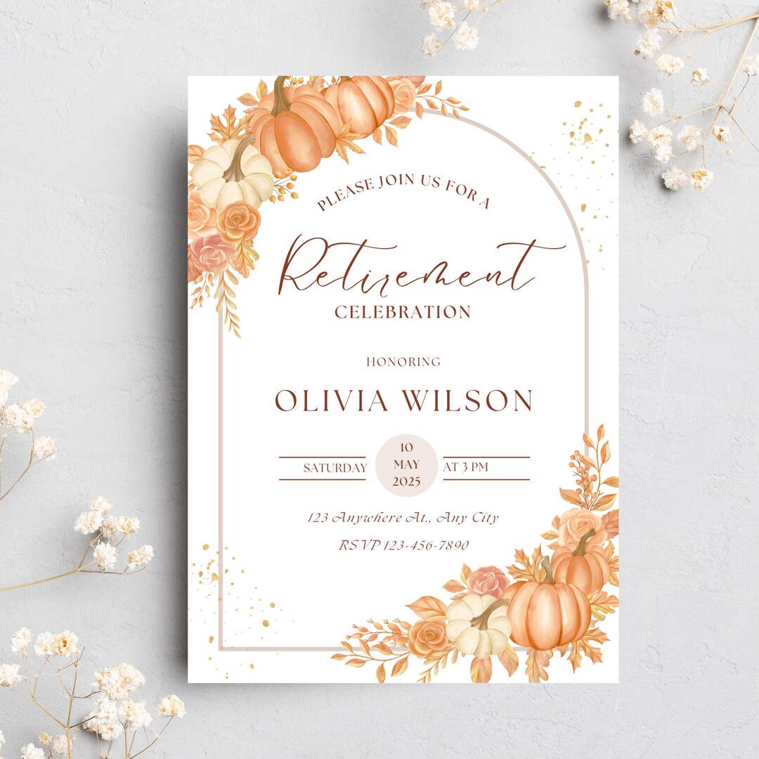 Fall Floral Retirement Invitation: Rustic Pumpkin, Editable Template ...