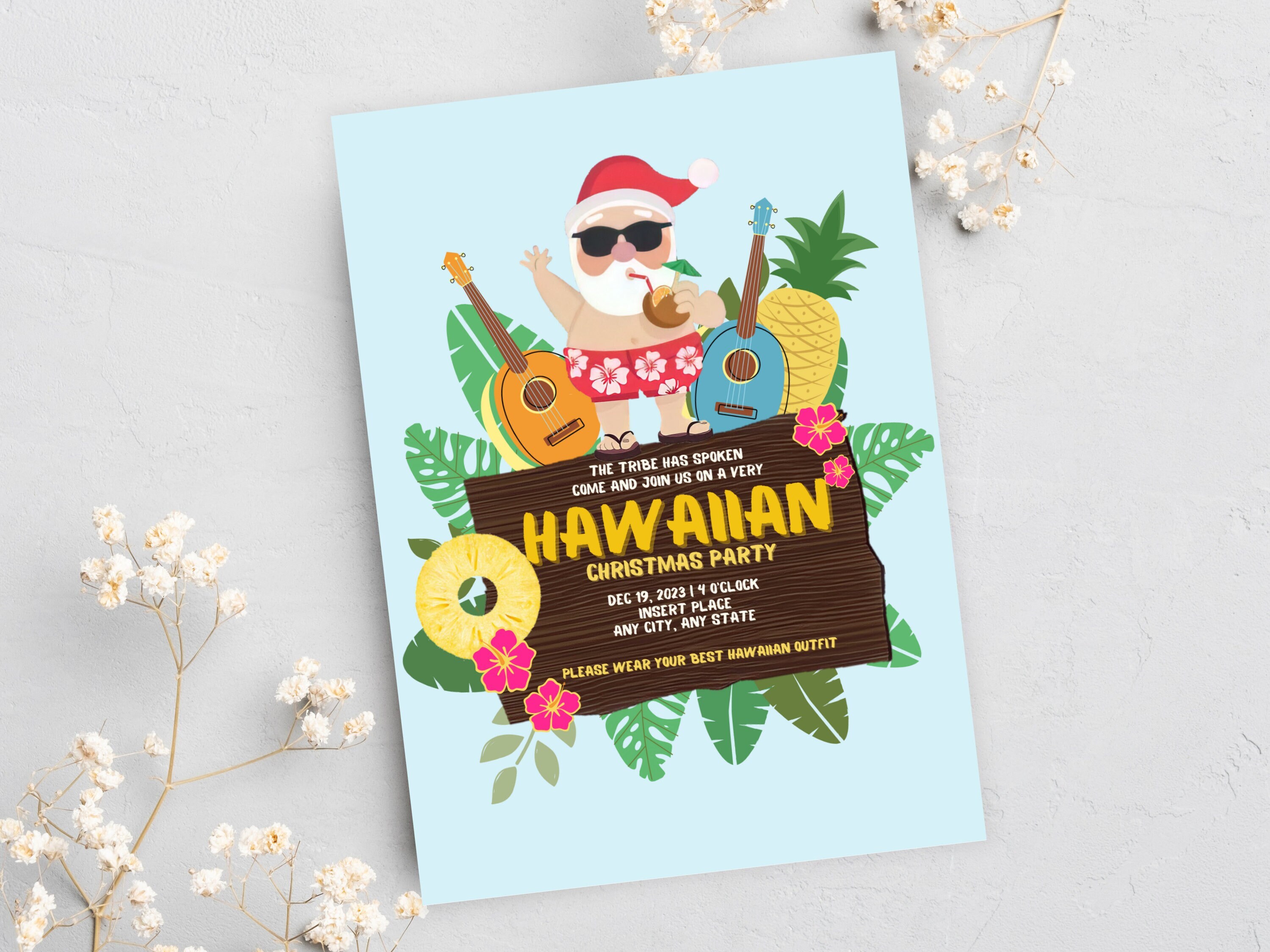 Editable Hawaiian Luau Christmas Invitation Template | Tropical Santa ...