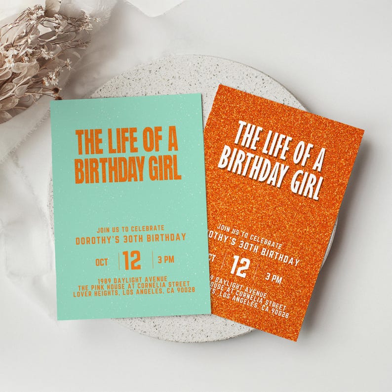 2 the Life of A Birthday Girl Invitation, Orange & Green Glitter ...