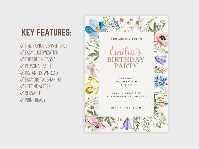 Wildflower Birthday Invitation: Editable Floral Party Invite (digital ...
