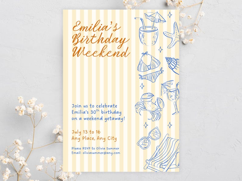 Editable Weekend Trip Birthday Invitation: Yellow & Blue Travel ...