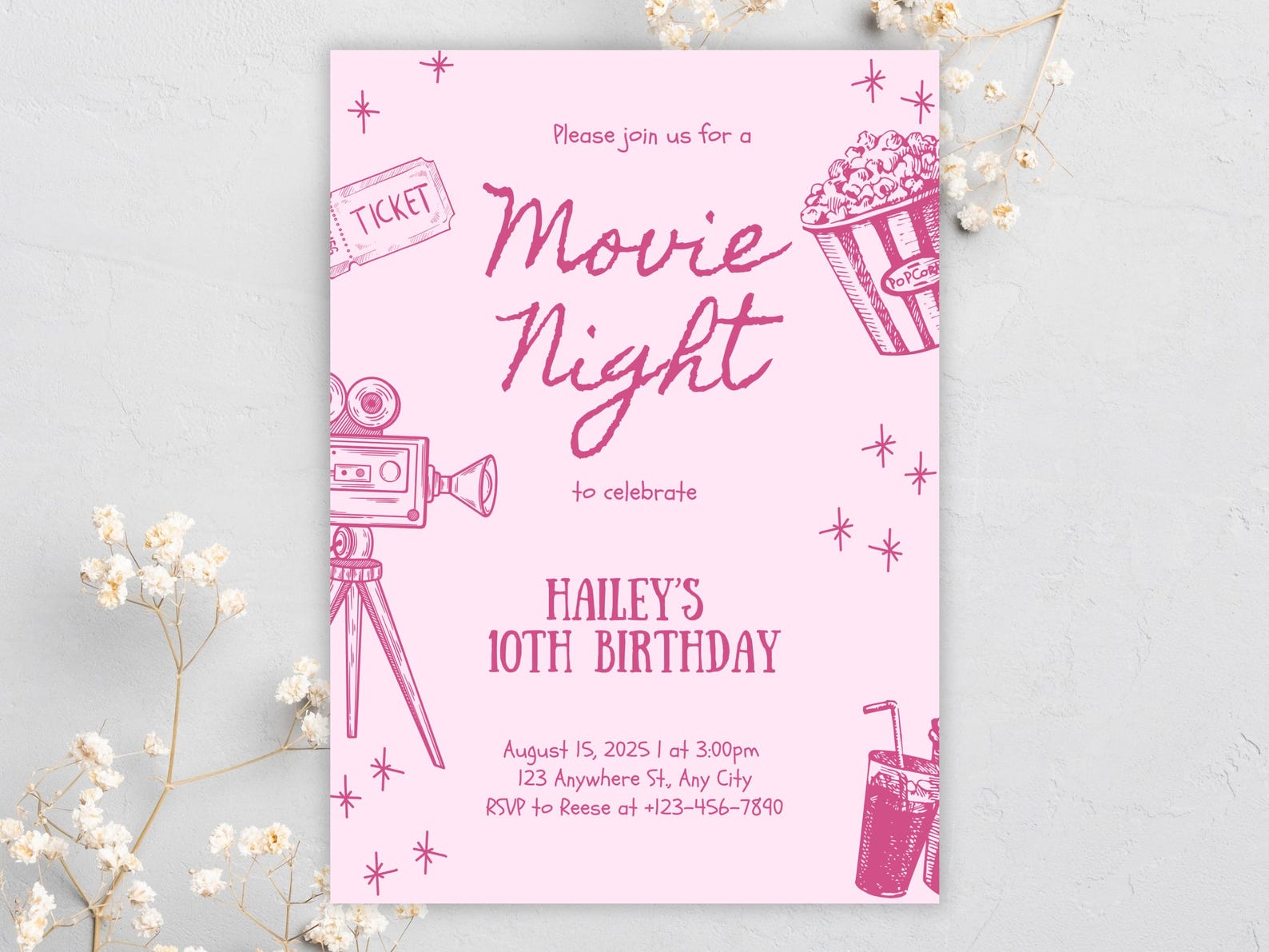 EDITABLE MOVIE NIGHT Invitation, Backyard Cinema Slumber Pajama Party ...