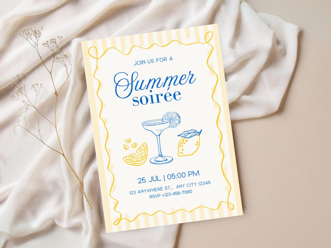 Summer Soirée Invitation, Hand Drawn Drinks Party Invite, Editable ...
