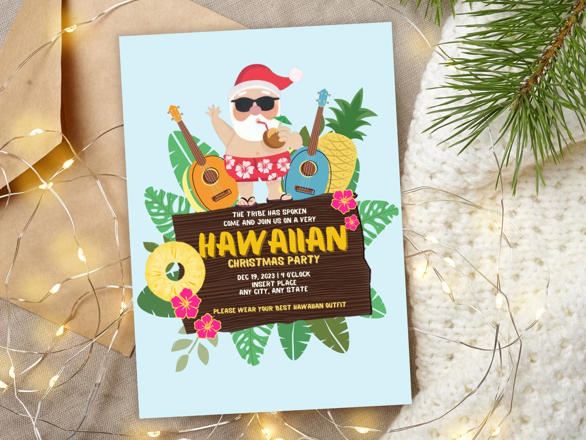 Editable Hawaiian Luau Christmas Invitation Template | Tropical Santa ...