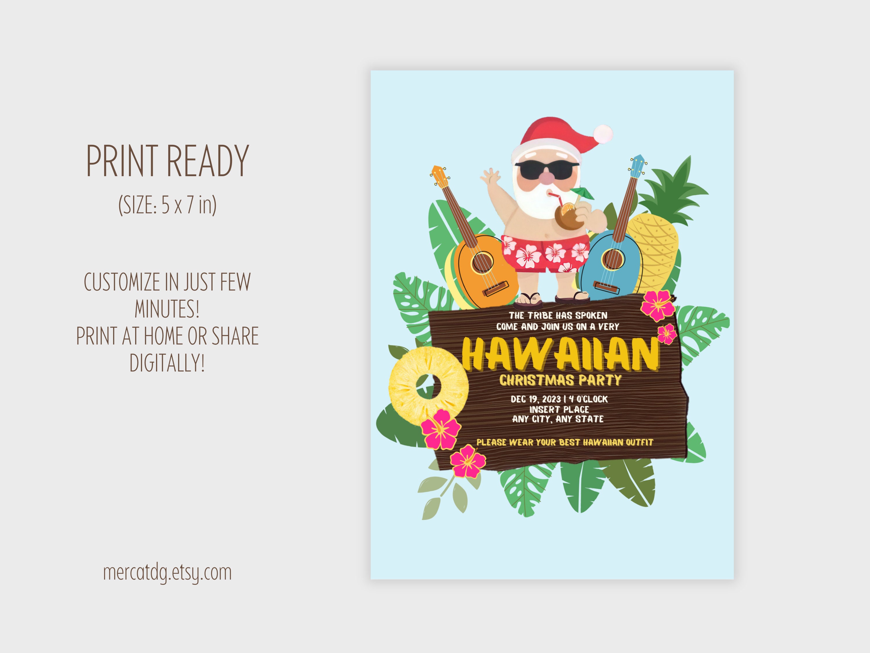 Editable Hawaiian Luau Christmas Invitation Template | Tropical Santa ...