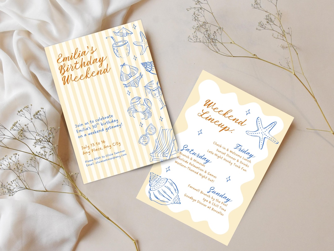 Editable Weekend Trip Birthday Invitation: Yellow & Blue Travel ...