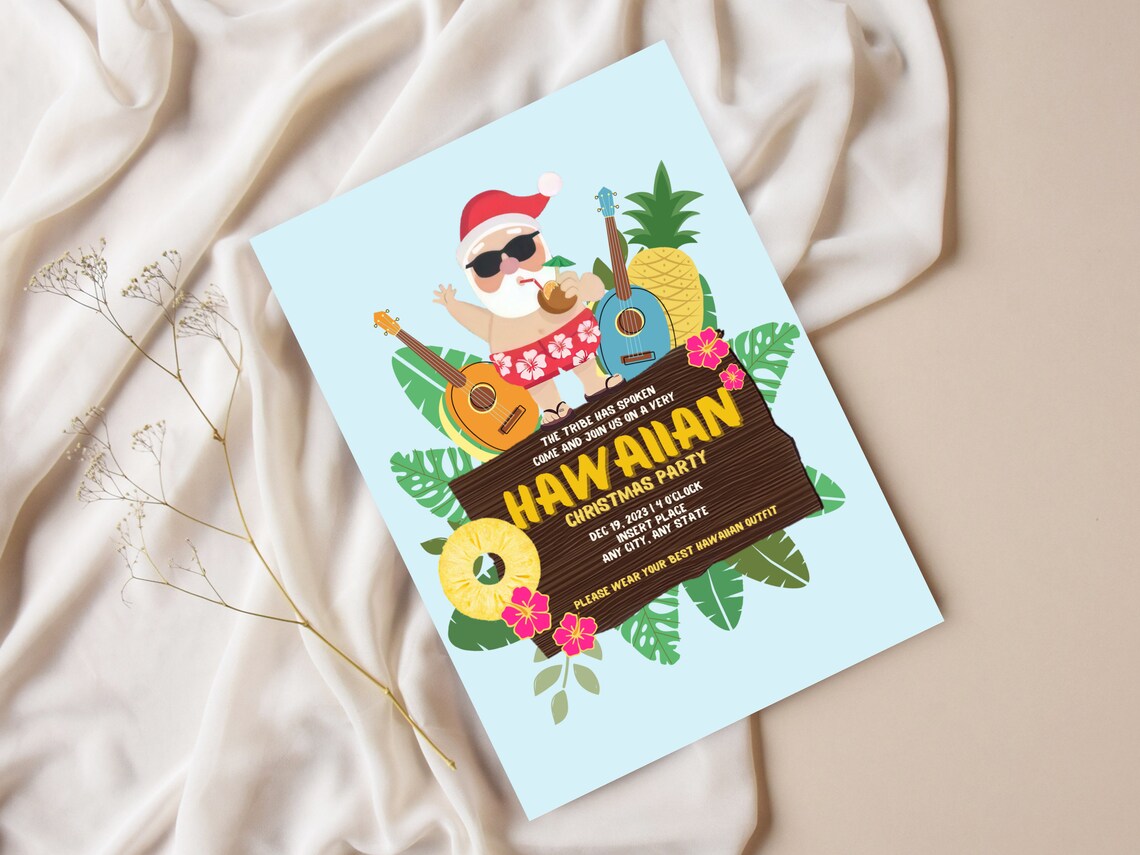 Editable Hawaiian Luau Christmas Invitation Template | Tropical Santa ...