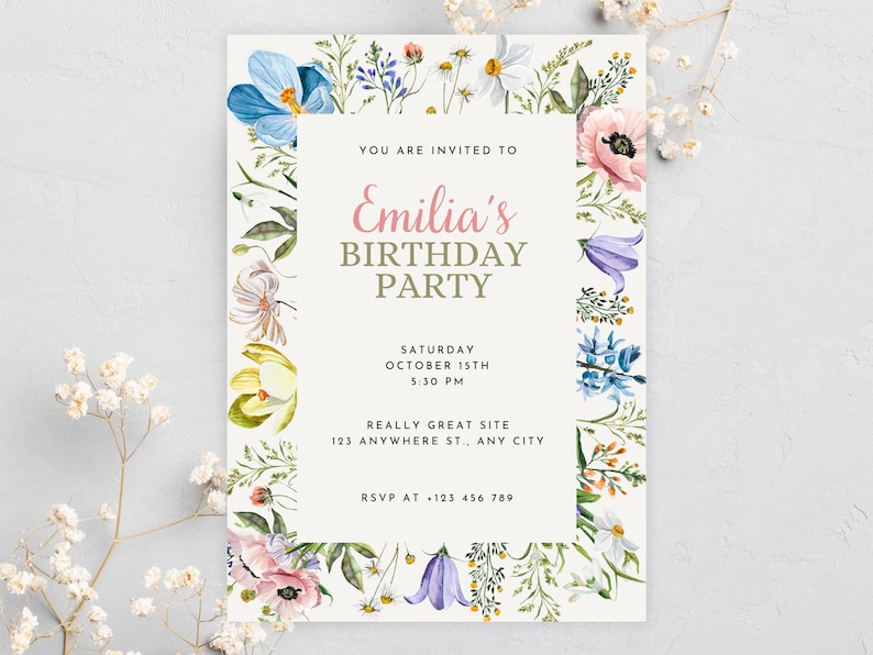 Wildflower Birthday Invitation: Editable Floral Party Invite (digital ...
