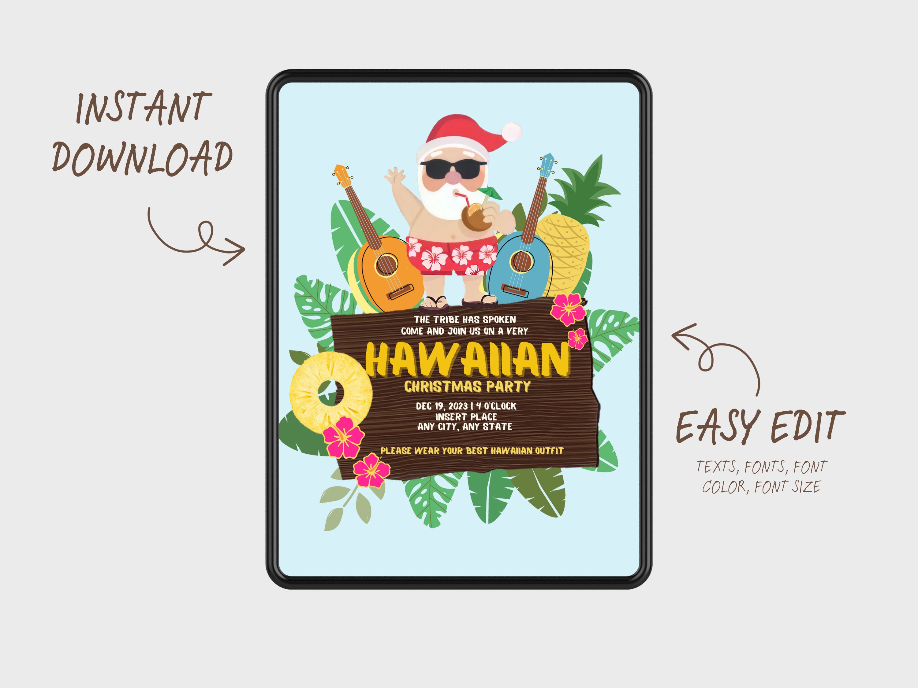 Editable Hawaiian Luau Christmas Invitation Template | Tropical Santa ...