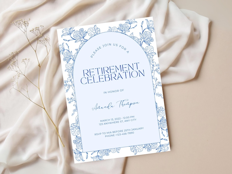Editable Retirement Party Invitation Template – Blue Floral Theme ...
