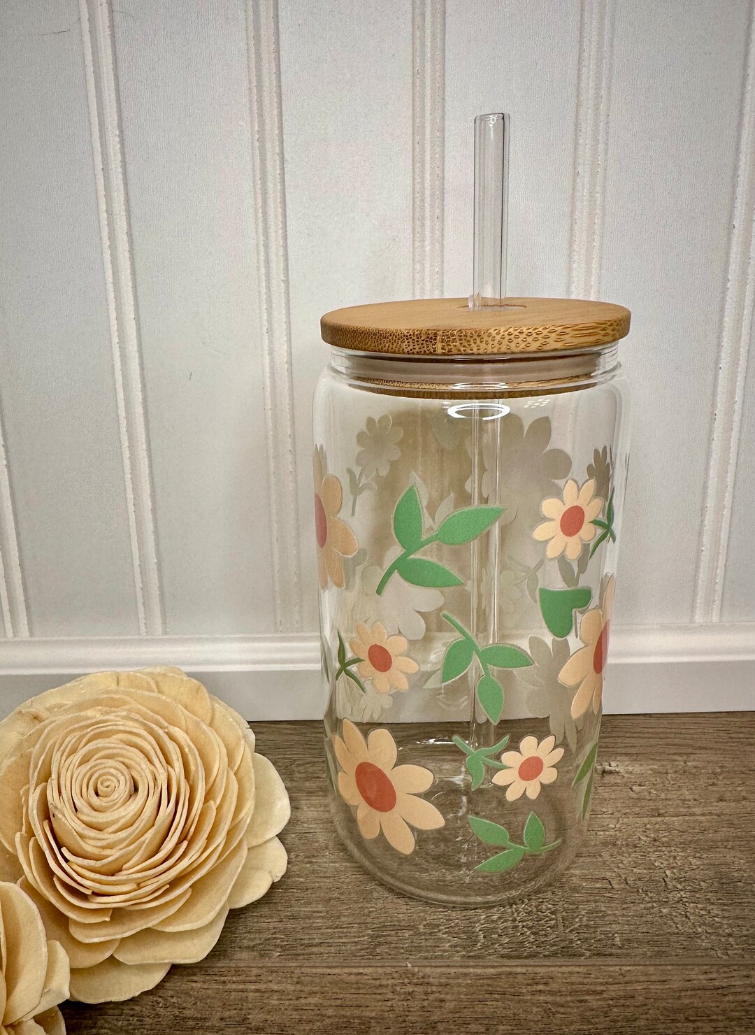Flowered Glass Tumbler With Bamboo Lid Eco-friendly and Stylish ...