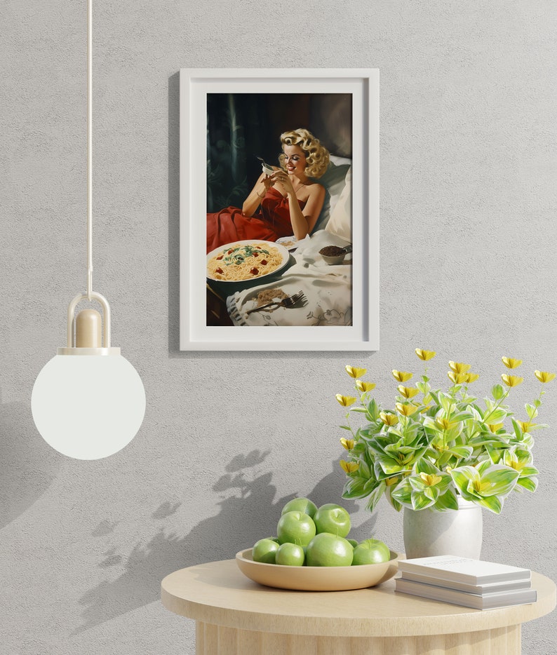 Woman Eating Pasta in Bed | Vintage Wall Art | Woman Portrait | Blonde ...