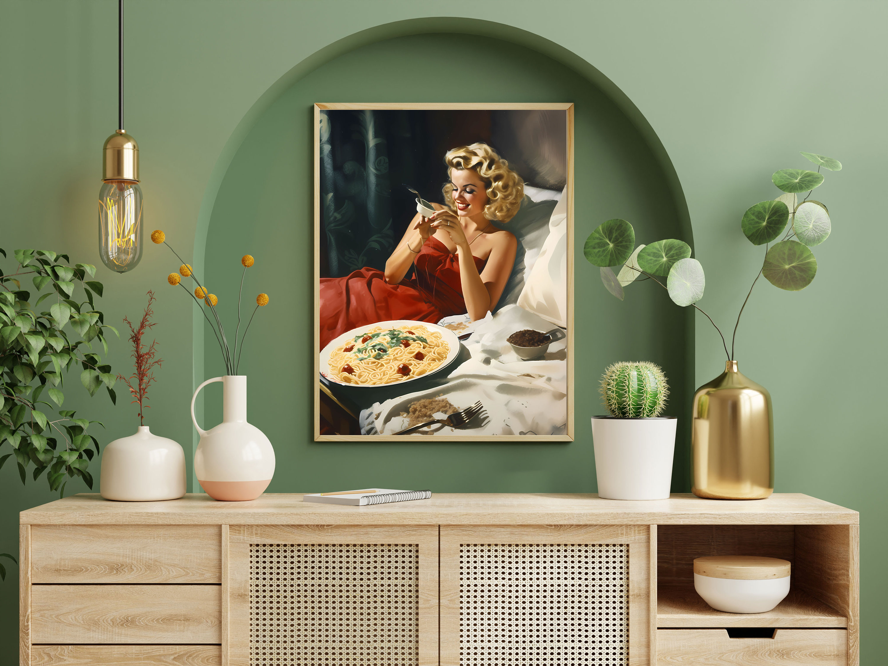 Woman Eating Pasta in Bed | Vintage Wall Art | Woman Portrait | Blonde ...