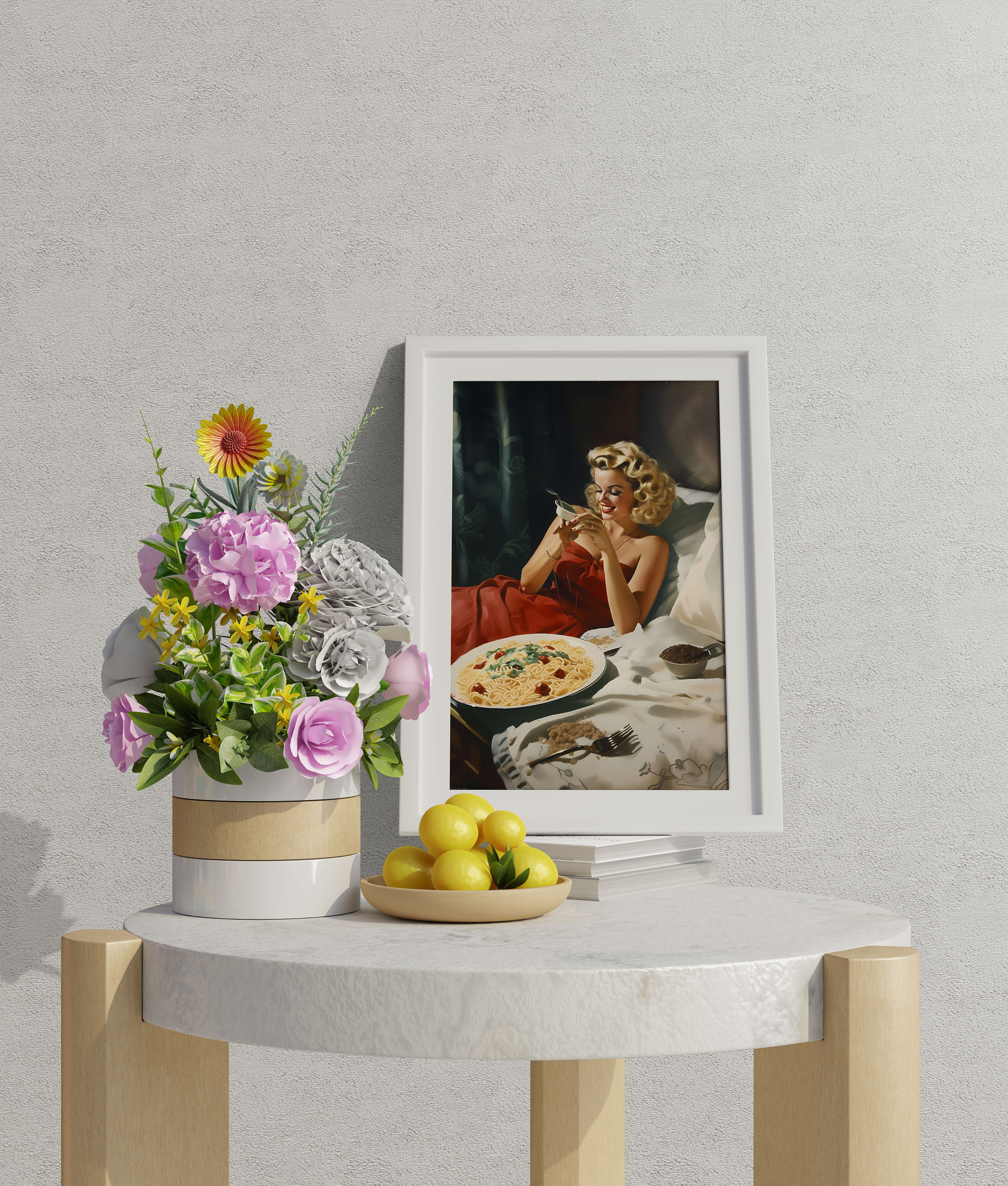 Woman Eating Pasta in Bed | Vintage Wall Art | Woman Portrait | Blonde ...