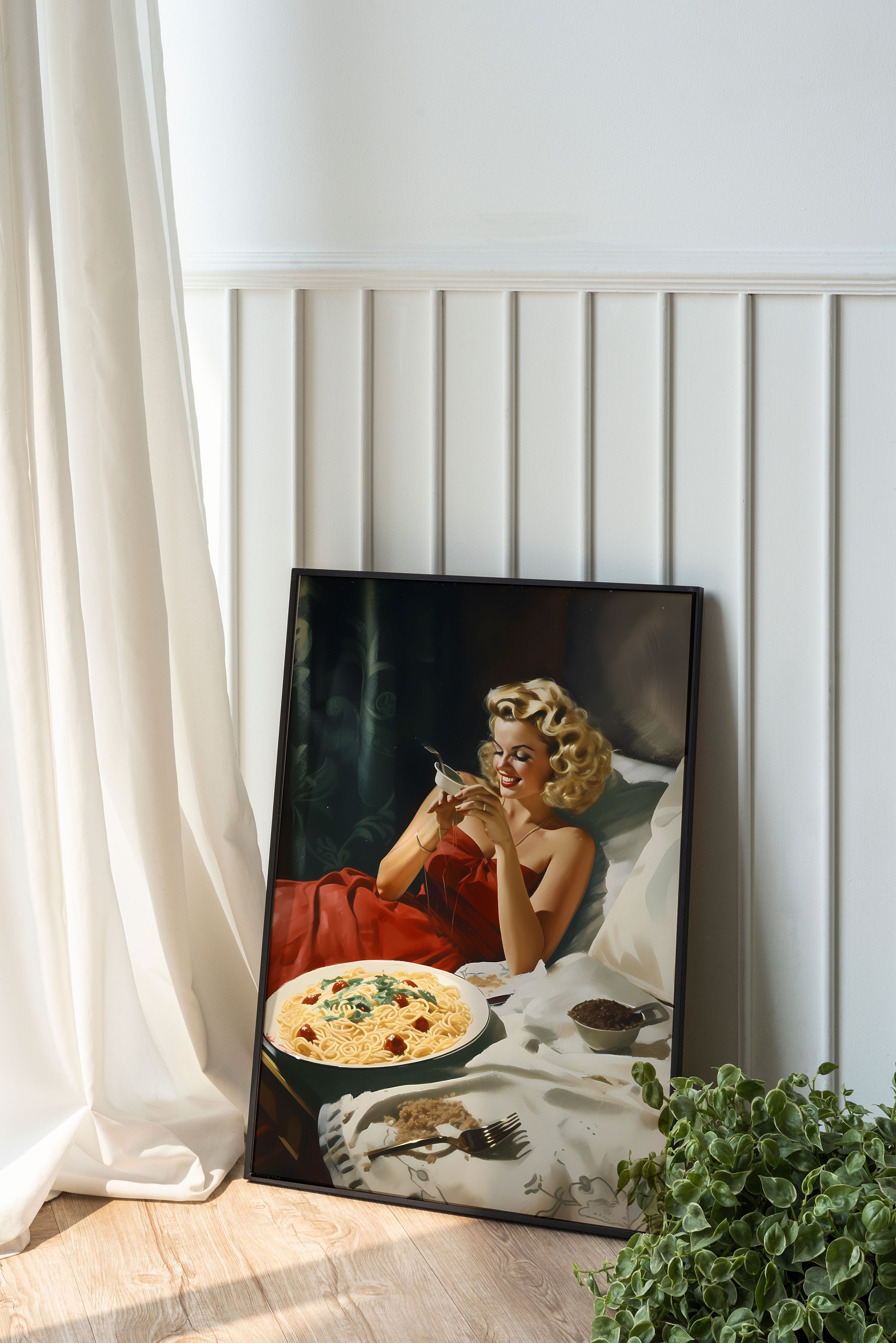 Woman Eating Pasta in Bed | Vintage Wall Art | Woman Portrait | Blonde ...