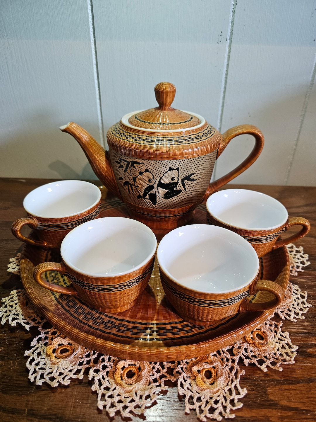 Vintage Basket Weave Over Porcelain Panda Tea Set - Etsy