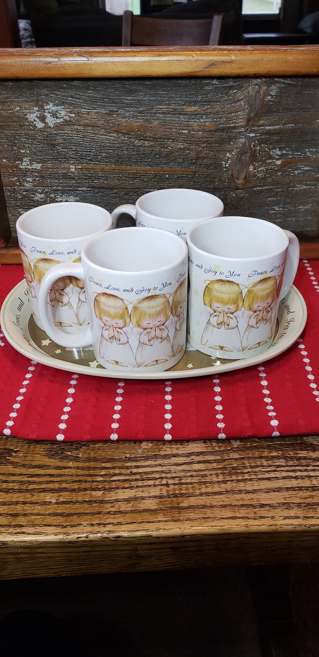 Set of 4 Vintage Hallmark Mugs With Matching Metal Tray Joy to You ...