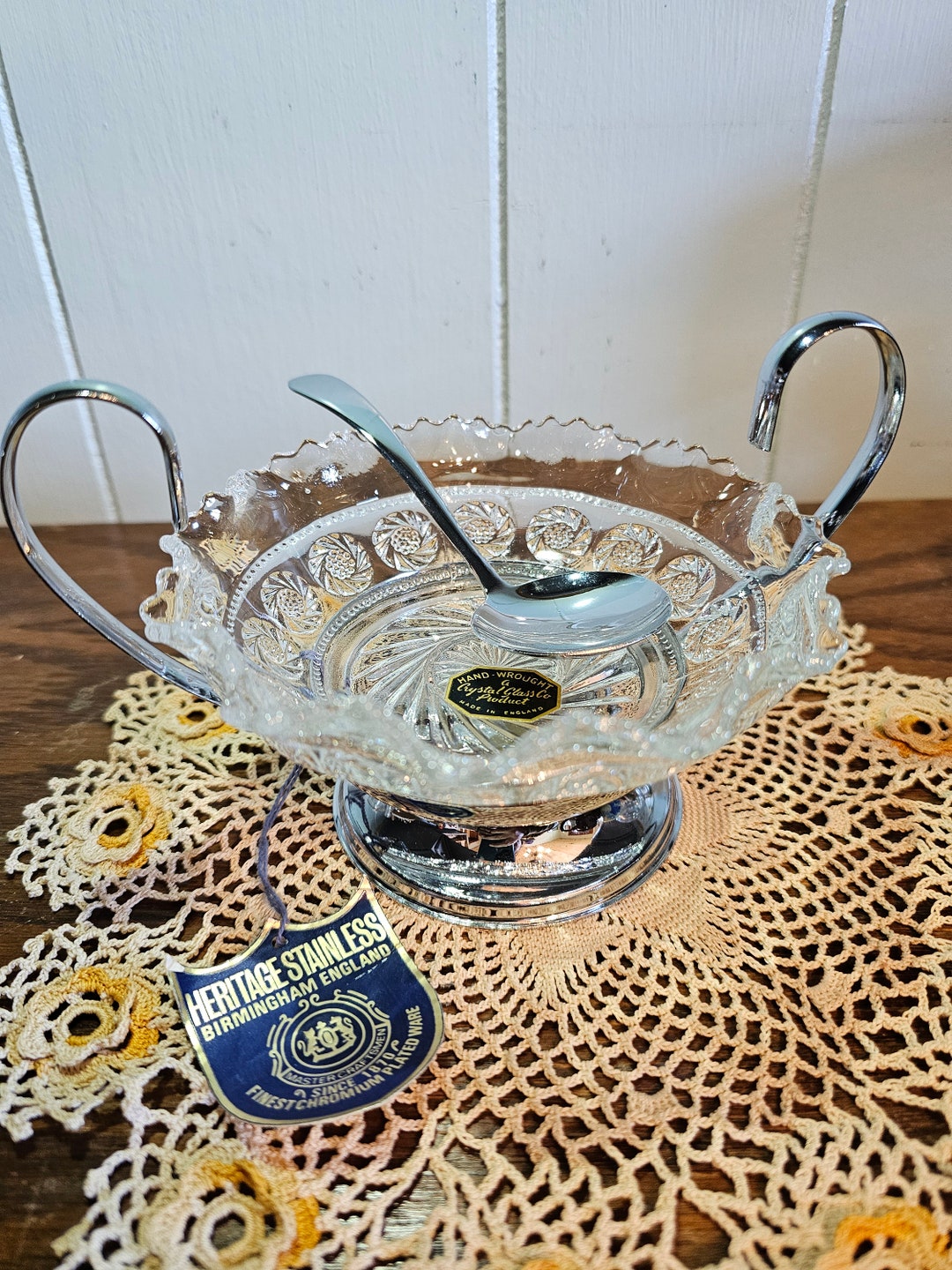 Vintage Crystal Glass Made in England Serving Dish With Stand and Spoon ...
