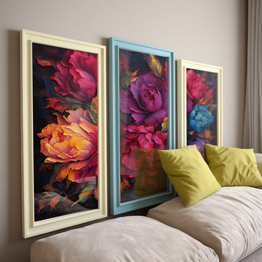 Vibrant Dark Floral Triptych PRINTABLE - Oil Painting Style Wall Art ...