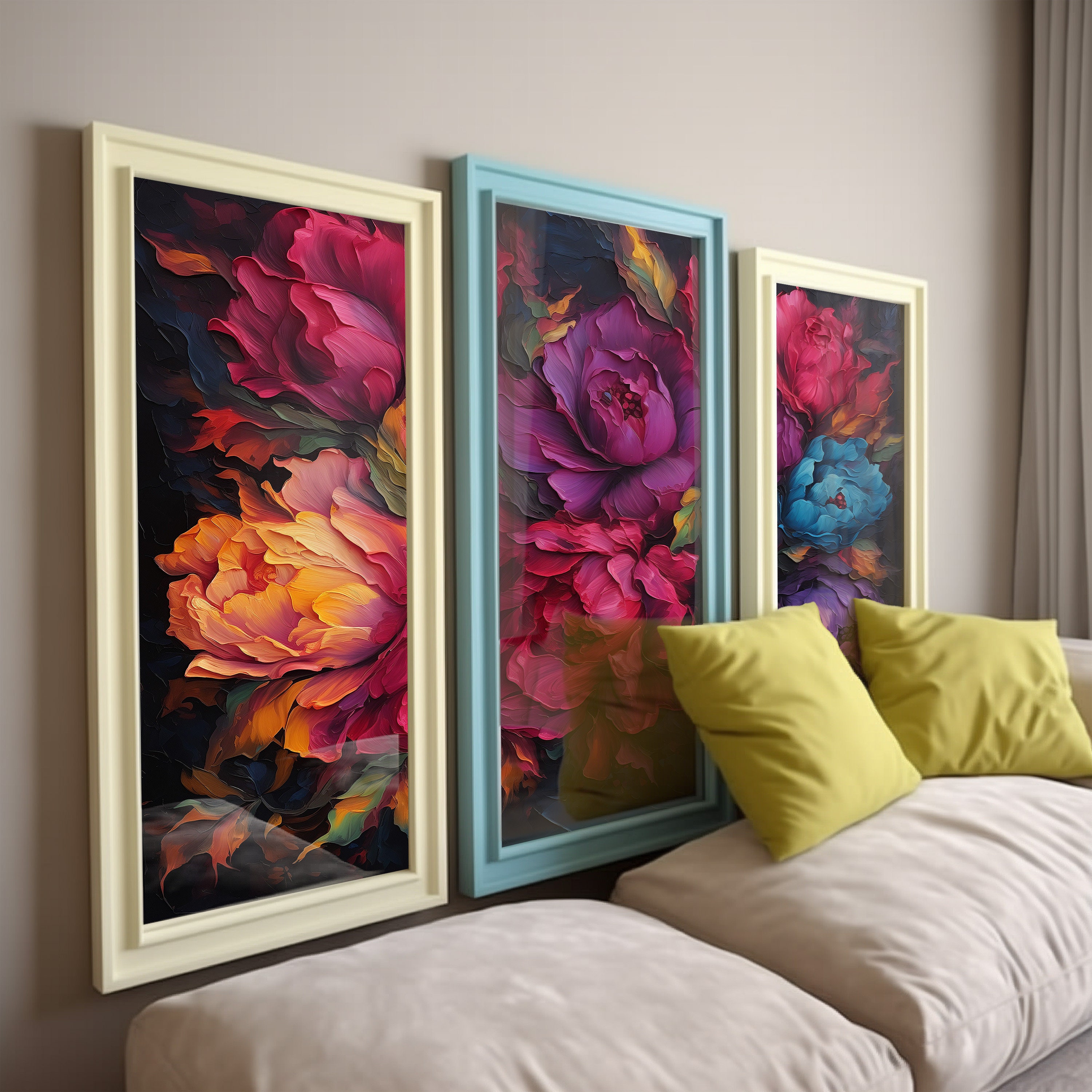 Vibrant Dark Floral Triptych PRINTABLE Oil Painting Style Wall Art 3 Piece Flower Print Set Bold ...