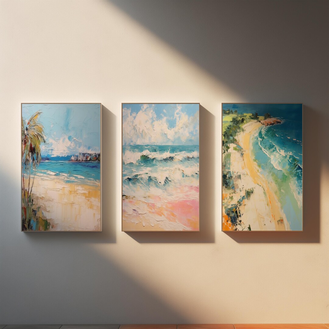 Coastal Beach Print Set - Impasto Style Sea Wall Art - 3 Piece Ocean ...