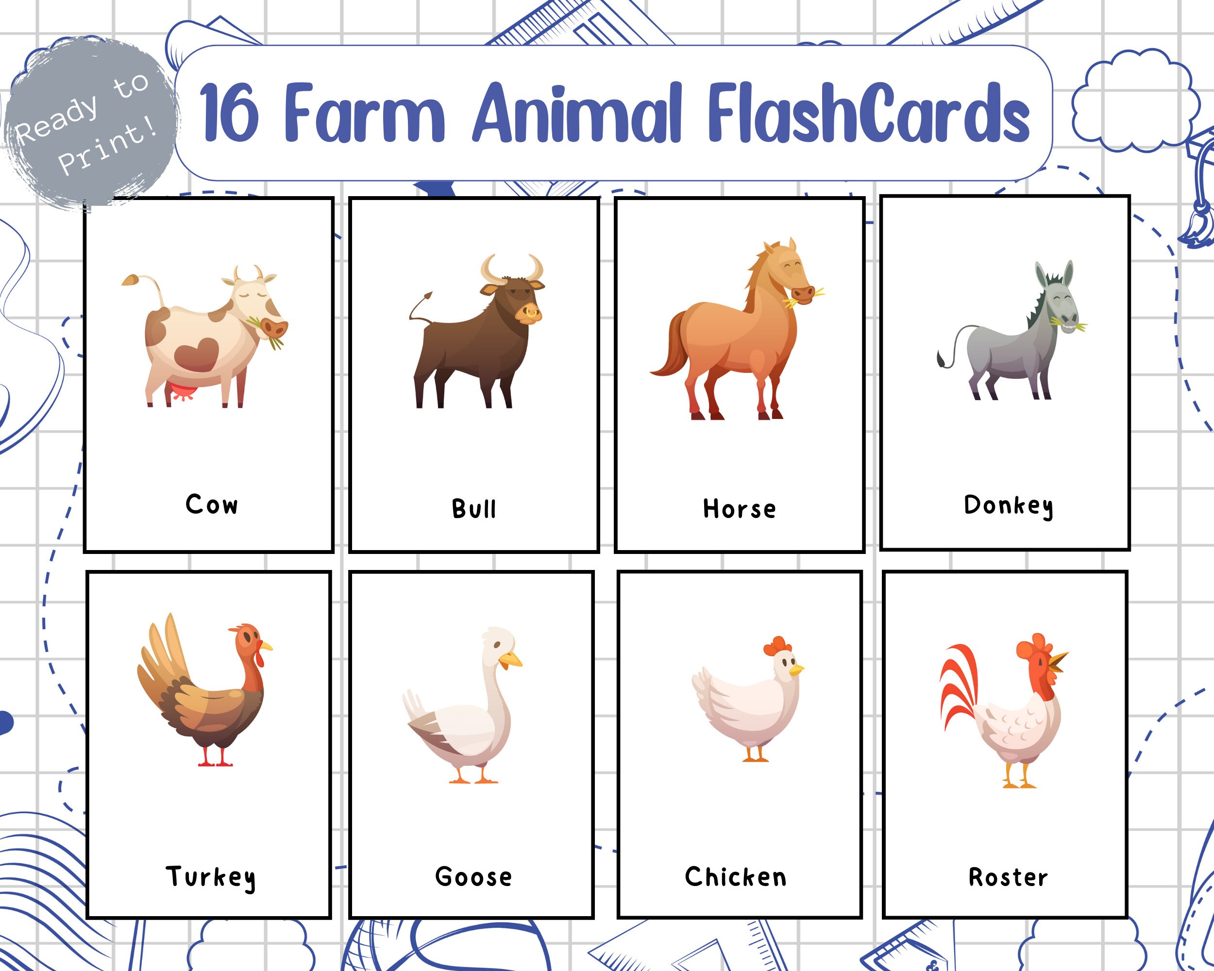 16 Farm Animals Cards, Montessori Flash Cards, Pre-school Cards ...