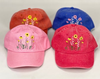 Red Embroidered Hat, Women's Hat, Floral Baseball Cap, Embroidered Cap ...