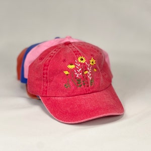 Red Embroidered Hat, Women's Hat, Floral Baseball Cap, Embroidered Cap ...