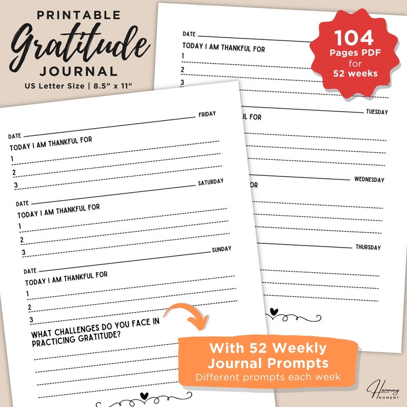 Gratitude Journal Printable, Daily Gratitude Template, 52-week ...