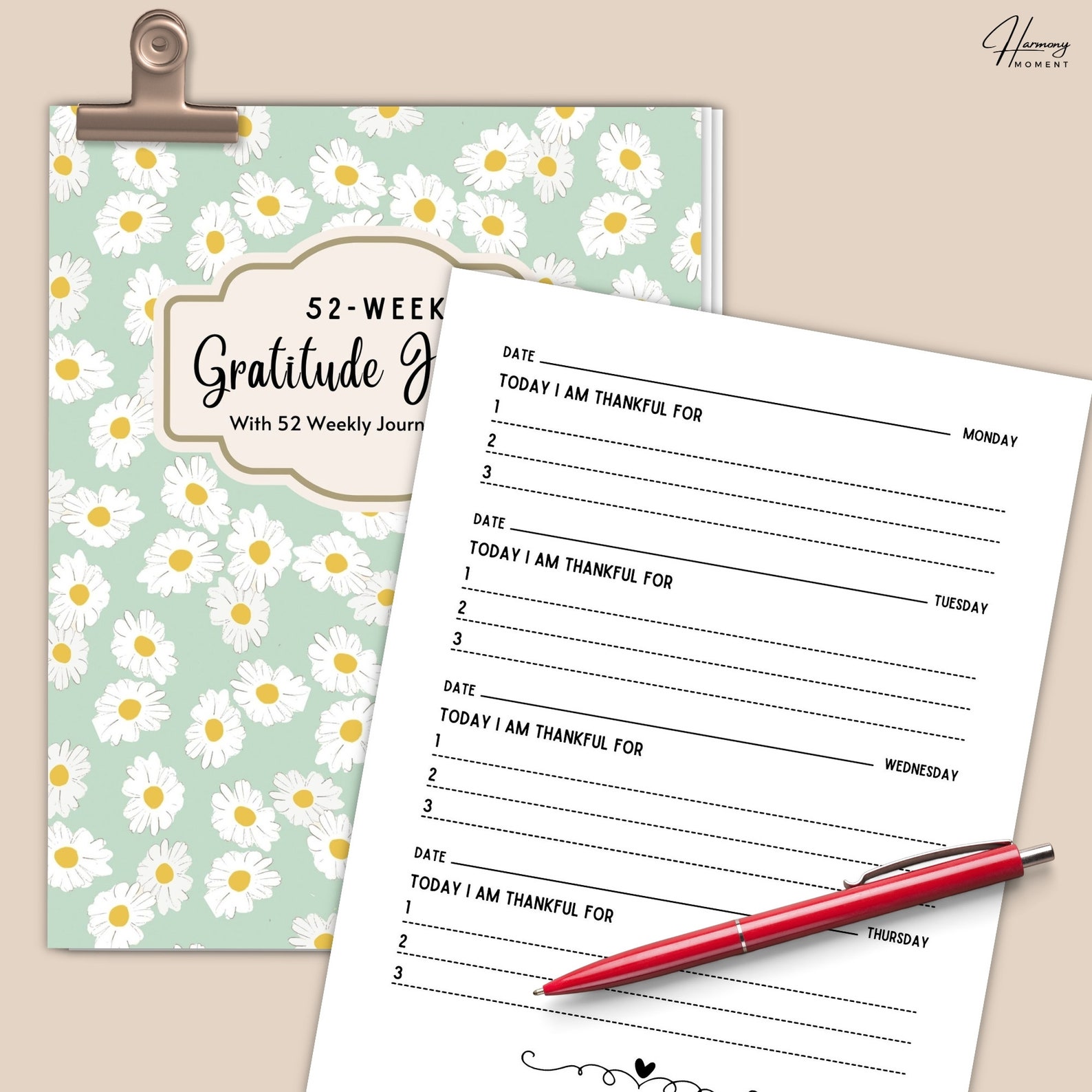 Gratitude Journal Printable, Daily Gratitude Template, 52-week ...