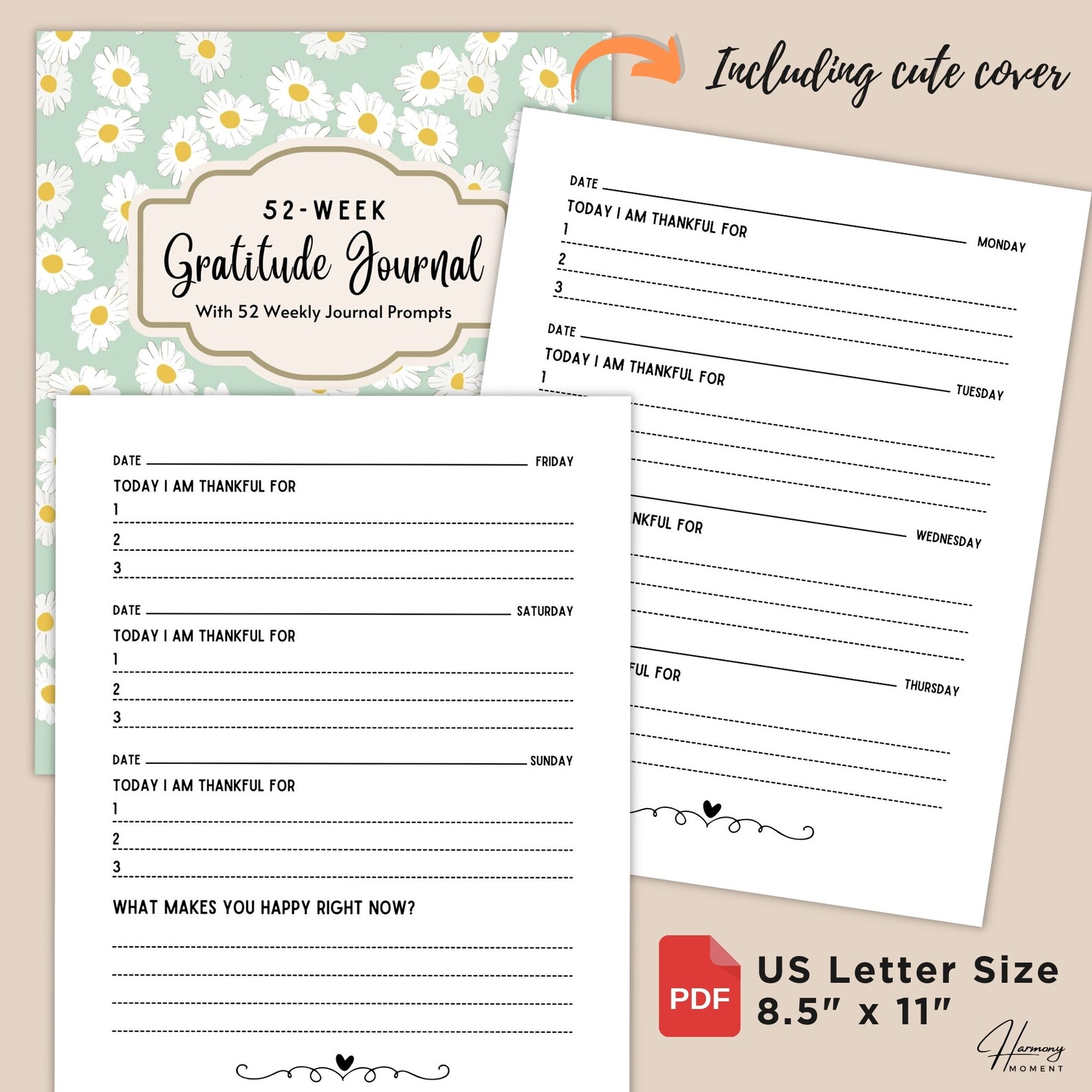 Gratitude Journal Printable, Daily Gratitude Template, 52-week ...