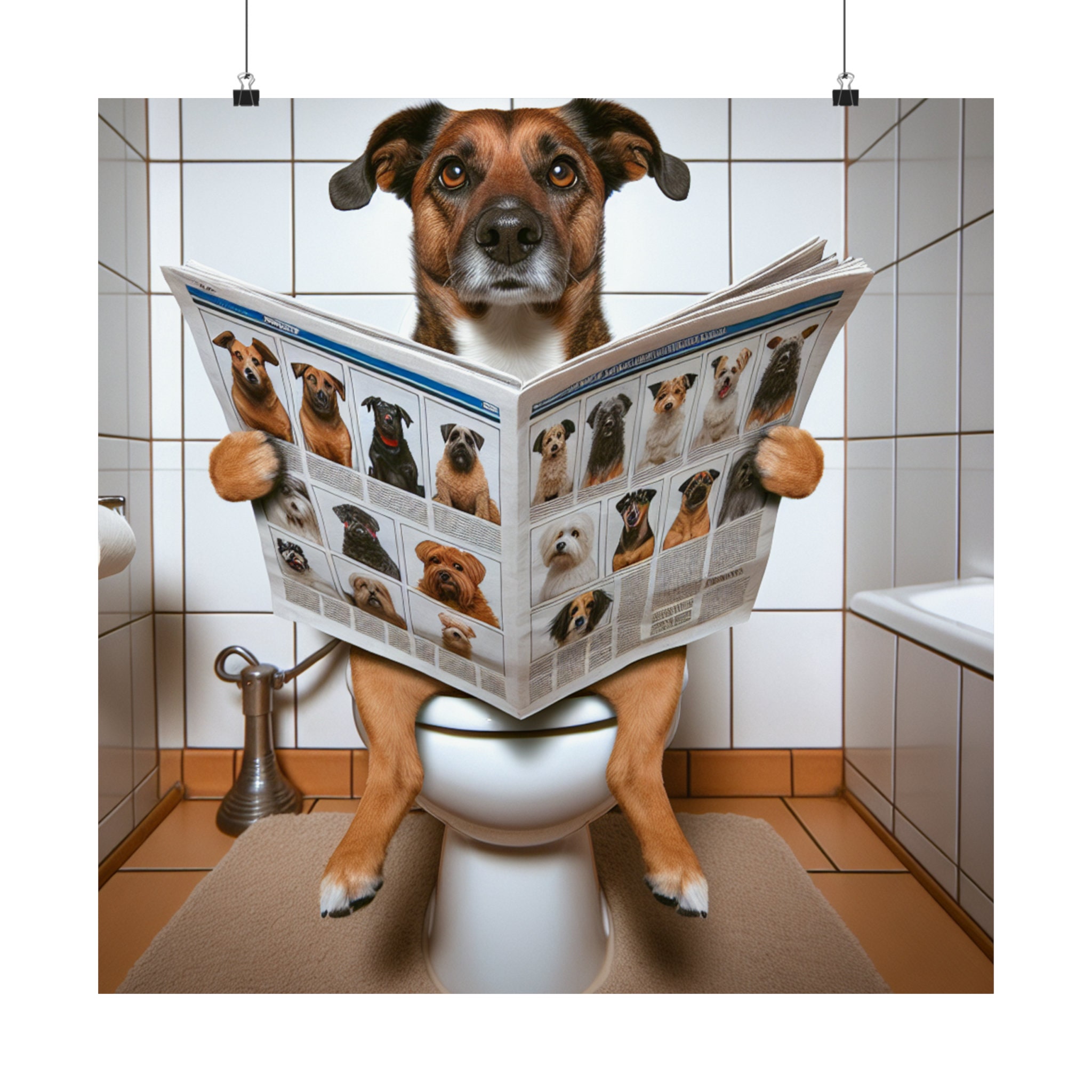 Dog Sitting on Toilet Reading Newspaper Poster Artwork - Etsy