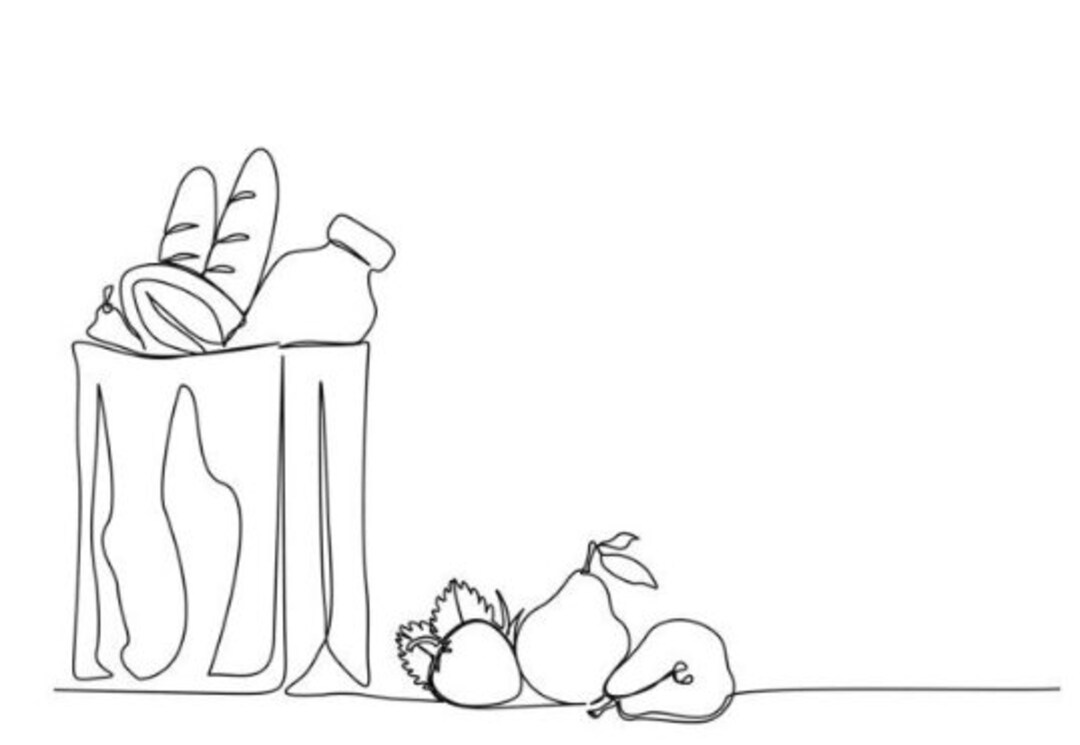 Continuous One Line Drawing of Fresh Food on Paper Grocery Basket ...