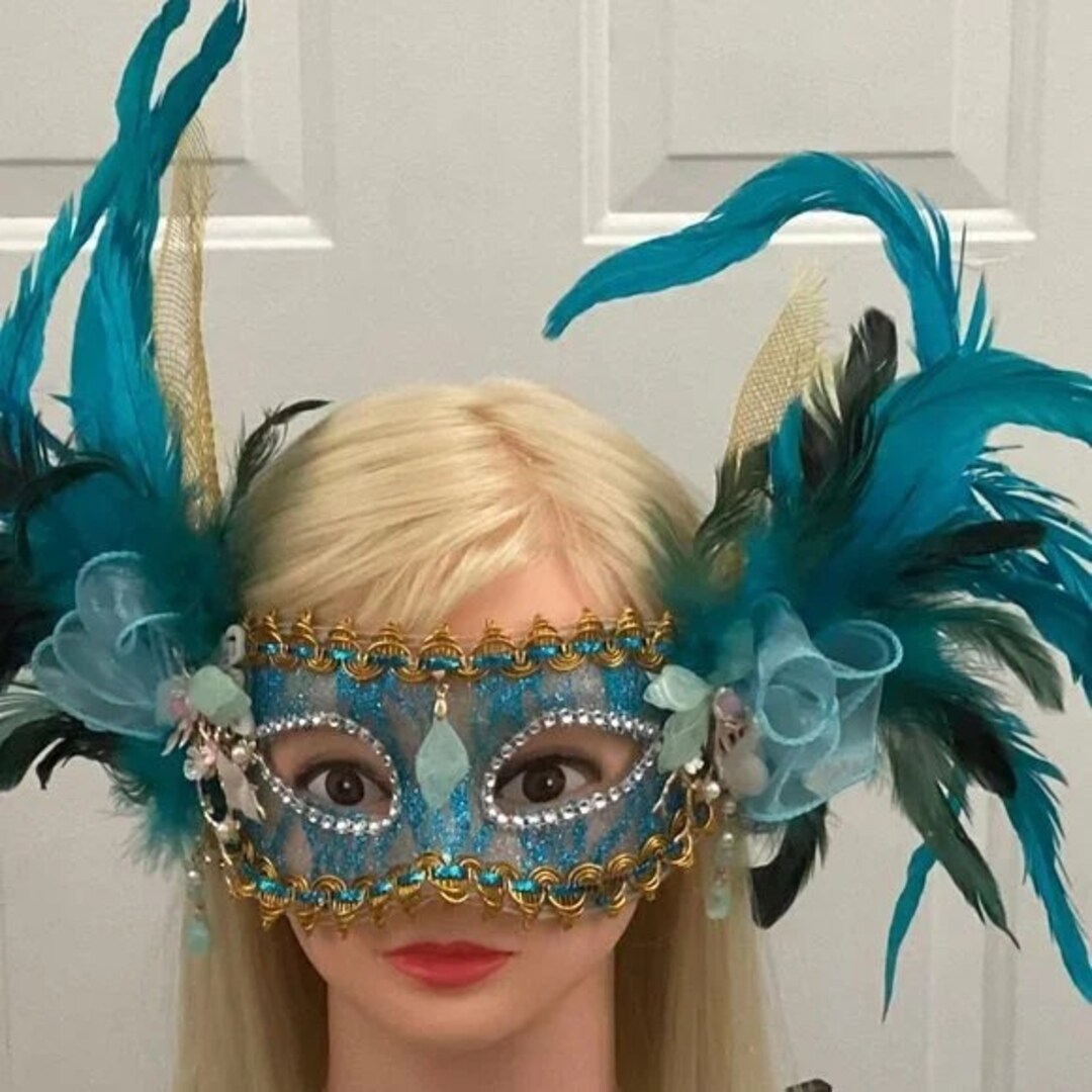 Beautiful Handmade Feather Mask Blue, Green and Gold - Etsy