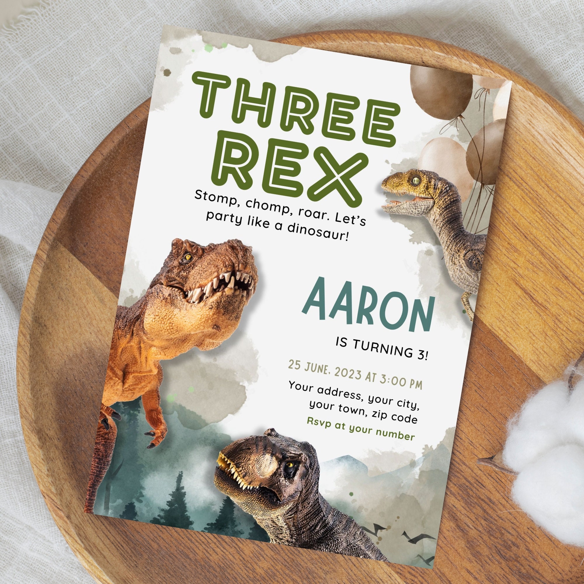 Dinosaur Birthday Invitation, Three Rex Birthday, Editable Three Rex ...