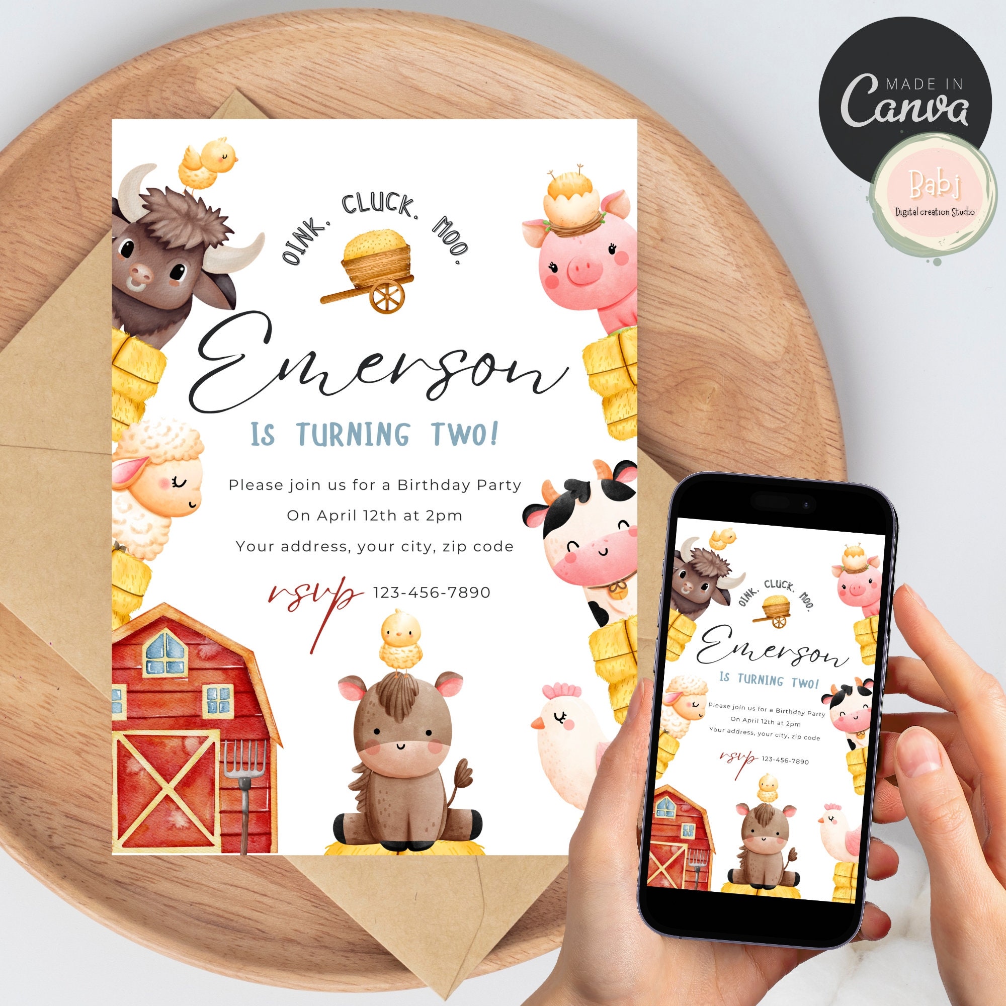 EDITABLE Farm Birthday Invitation, Barn Animals Party Invite Template ...