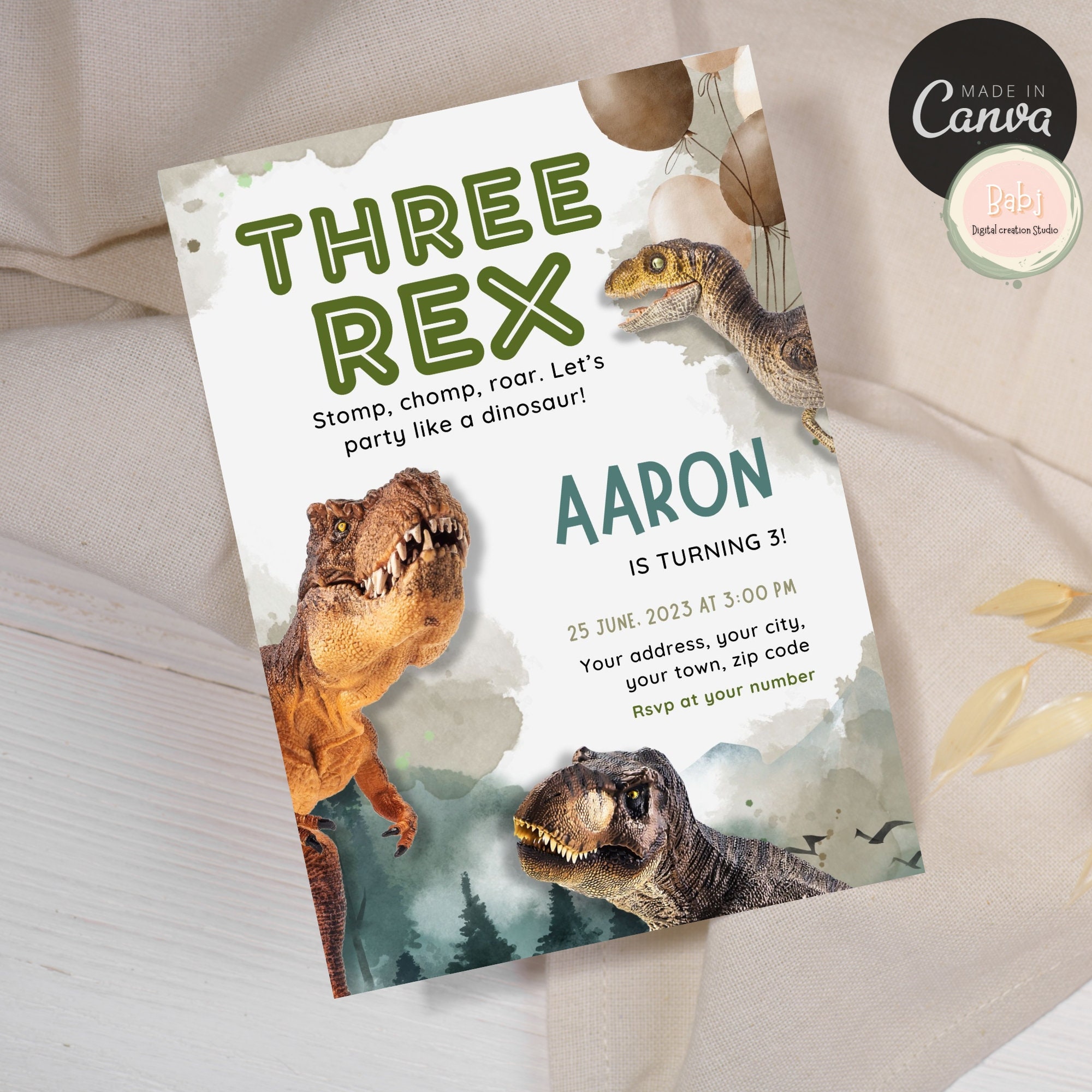 Dinosaur Birthday Invitation, Three Rex Birthday, Editable Three Rex ...