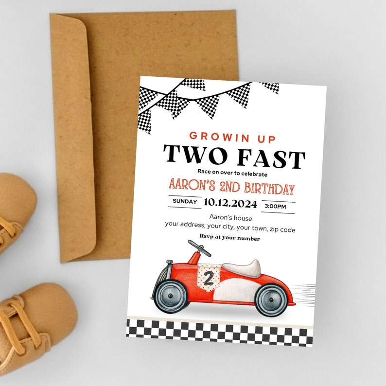 Growing up Two Fast Birthday Invitation Editable, Red Race Car Second ...
