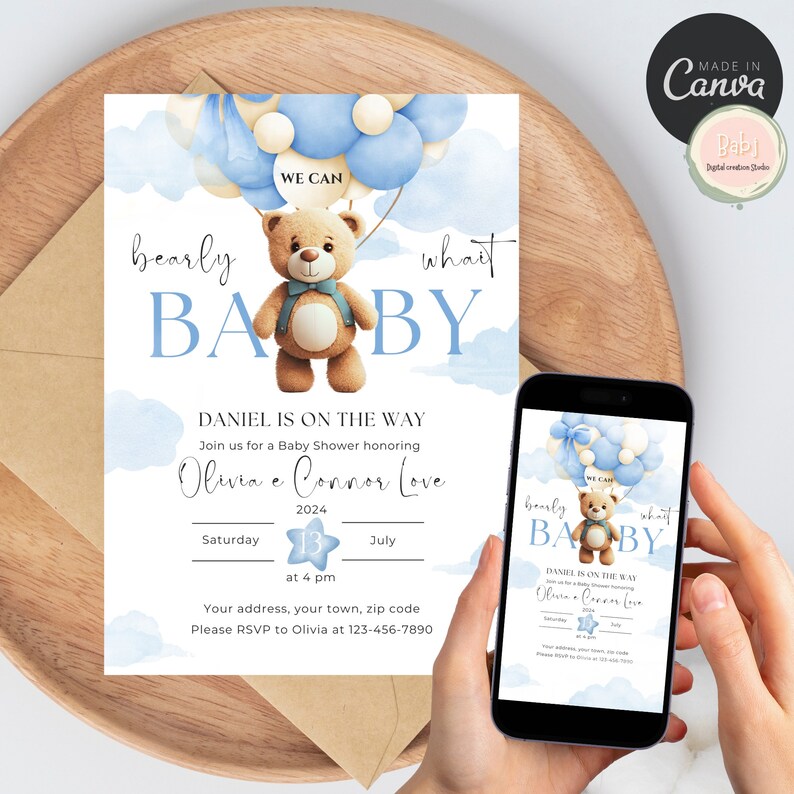 Editable Teddy Bear Hot Air Balloon Bear Theme Baby Shower Invitation ...
