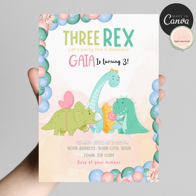 Dinosaur Birthday Invitation, Editable Three Rex Invitation Girl, Three ...