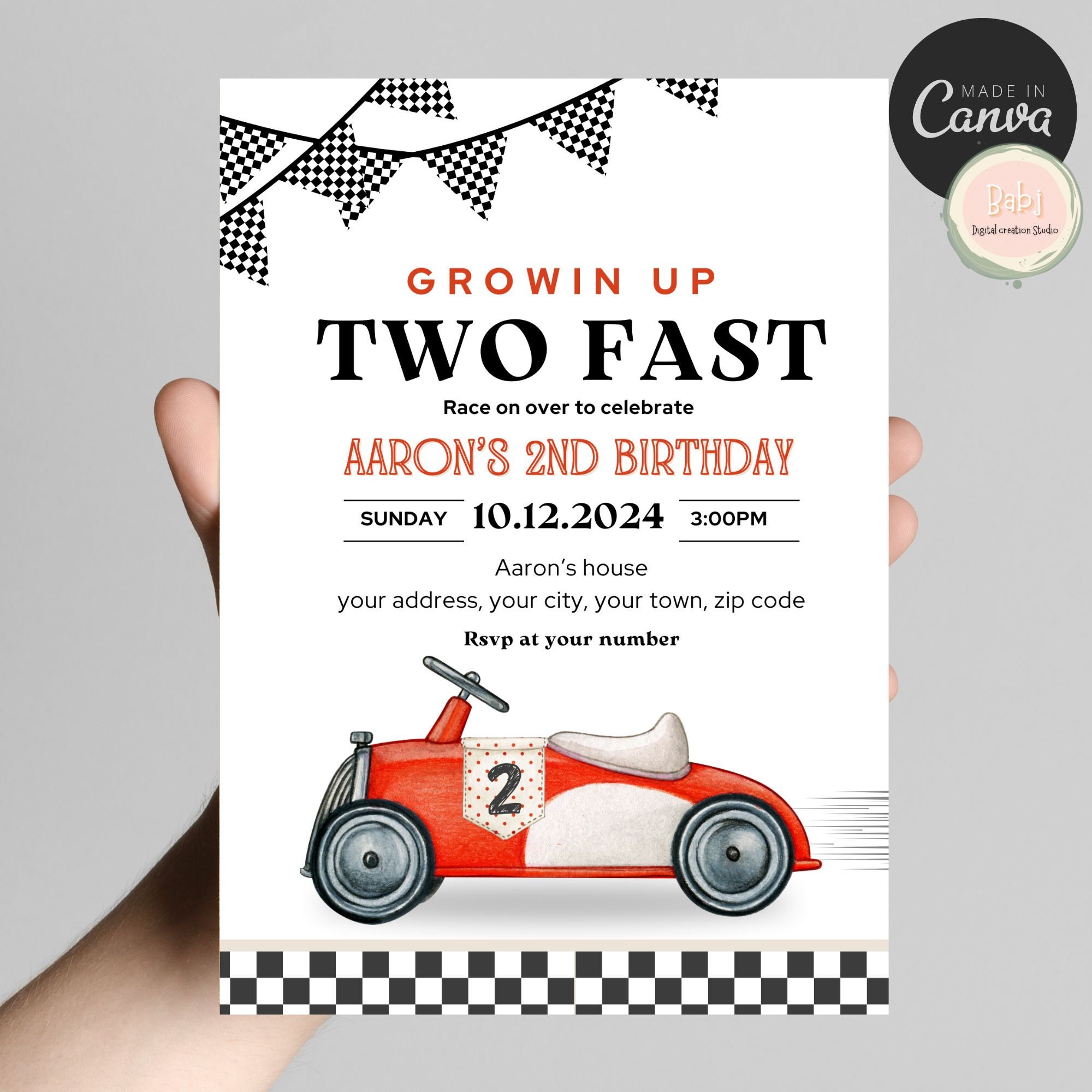 Growing up Two Fast Birthday Invitation Editable, Red Race Car Second ...
