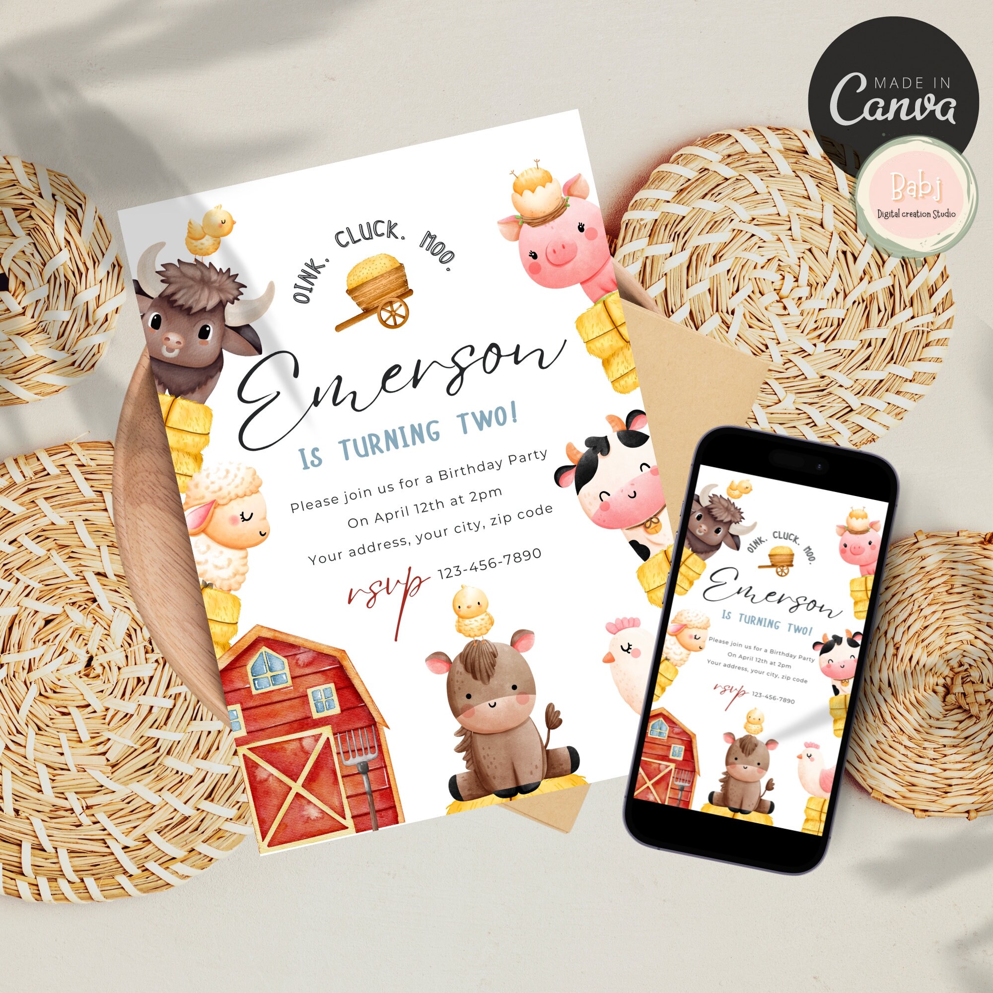 EDITABLE Farm Birthday Invitation, Barn Animals Party Invite Template ...