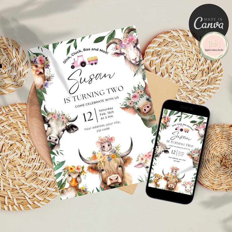 EDITABLE Farm Birthday Invitation, Barn Animals Party Invite Template ...