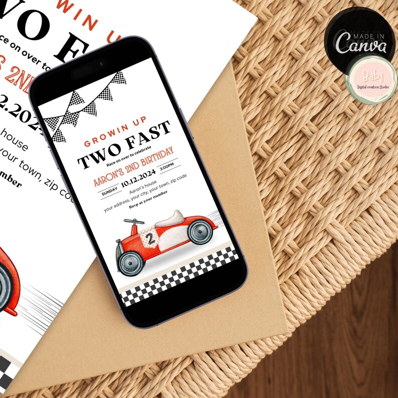 Growing up Two Fast Birthday Invitation Editable, Red Race Car Second ...